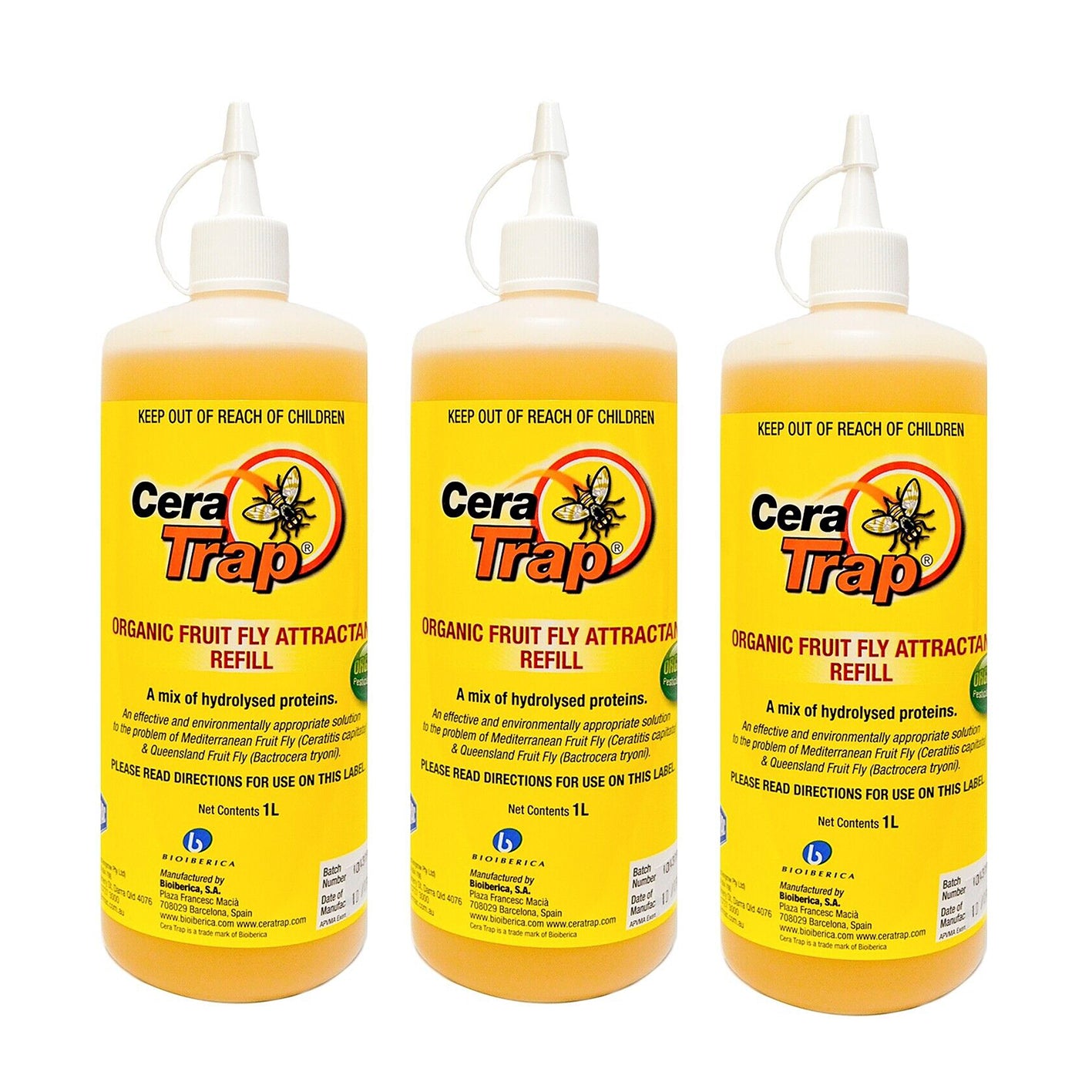 3x Fruit Fly Trap Refill 1L Cera Trap Organic Fruitfly Catcher Attract ...