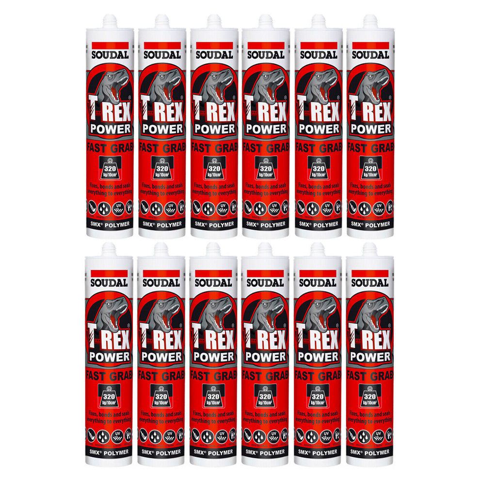 12x Soudal T-Rex Power WHITE Fast Grab SMX Polymer Sealant Adhesive Gl ...