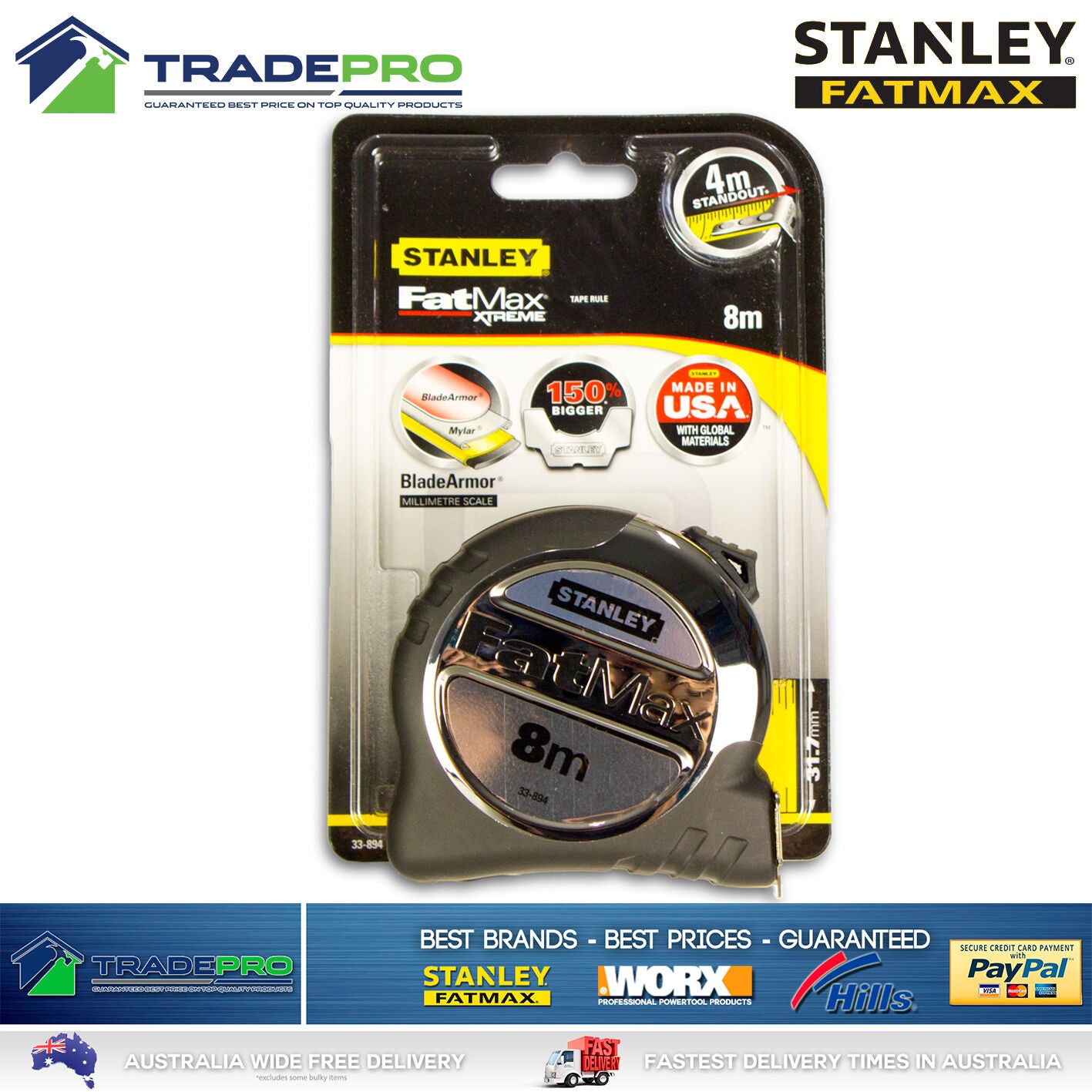 Stanley FatMax Xtreme 8M PRO Metric Tape Measure NEW MODEL Fat Max 8Mt ...