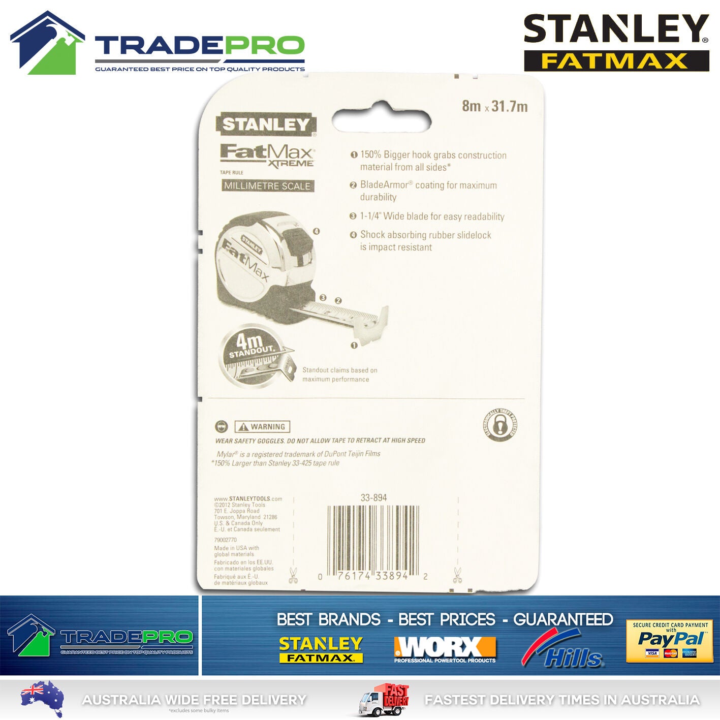 Stanley FatMax Xtreme 8M PRO Metric Tape Measure NEW MODEL Fat Max 8Mt ...
