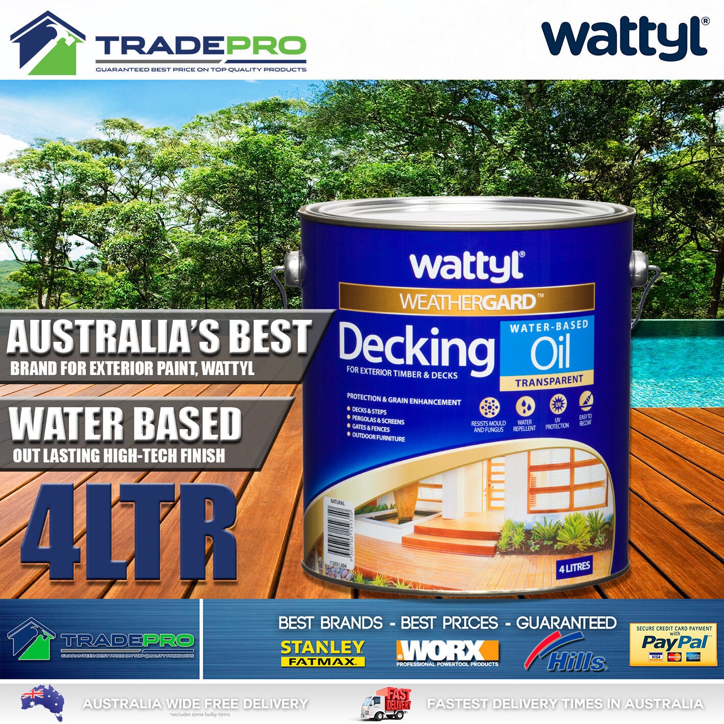 Wattyl Decking Oil PRO Water Based 4L Natural Timber Outdoor Wood Deck ...